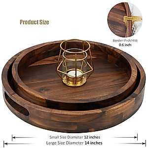 MAGIGO Set of 2 Large Round Black Walnut Wood Ottoman Tray with Handles, Serve Tea, Coffee, Classic Wooden Circular Decorative Serving Tray, 14 &12 inches