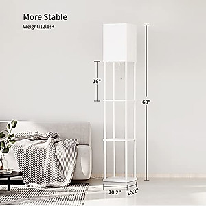SUNMORY Shelf Floor Lamp with 3-Way Dimmable LED Bulb, Modern Square Standing Lamp with Shelves and White Shade, Corner Display Bookshelf Lamp for Living Room and Bedroom(White)