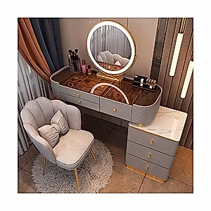 OLOTU Nordic Vanity Desk with Glass Tabletop, Makeup Vanity with Ergonomic Chair, Dressing Table with Lights Mirror and Drawers