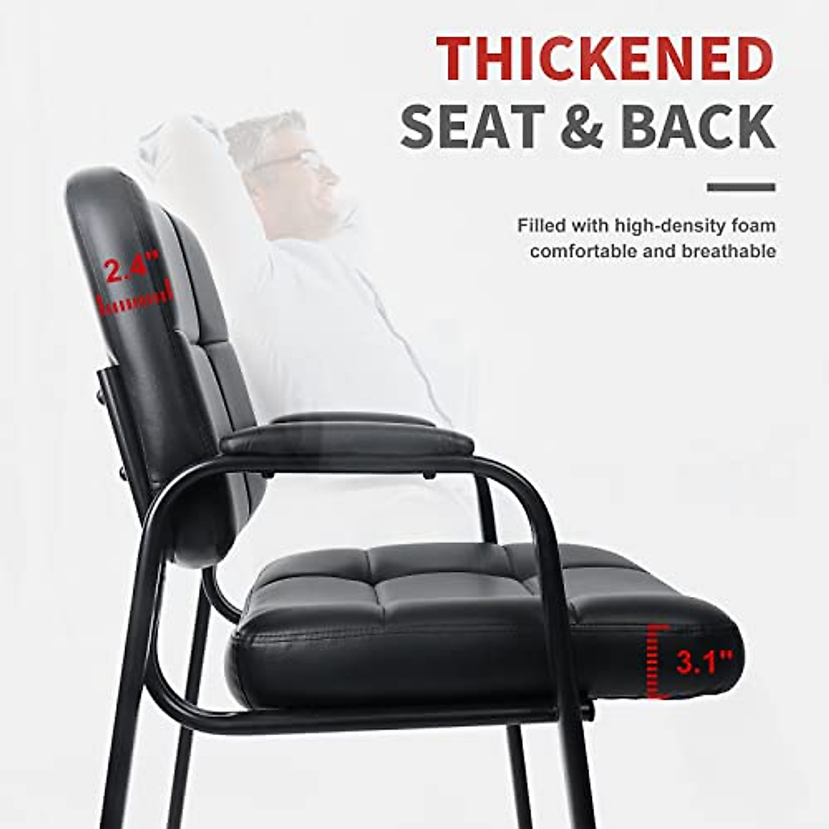 CLATINA Big & Tall 400 lbs Waiting Room Guest Chair, Leather Office Reception Chair No Wheels with Padded Arms for Elderly Home Desk Conference Room Lobby Side Salon Clinic, Black