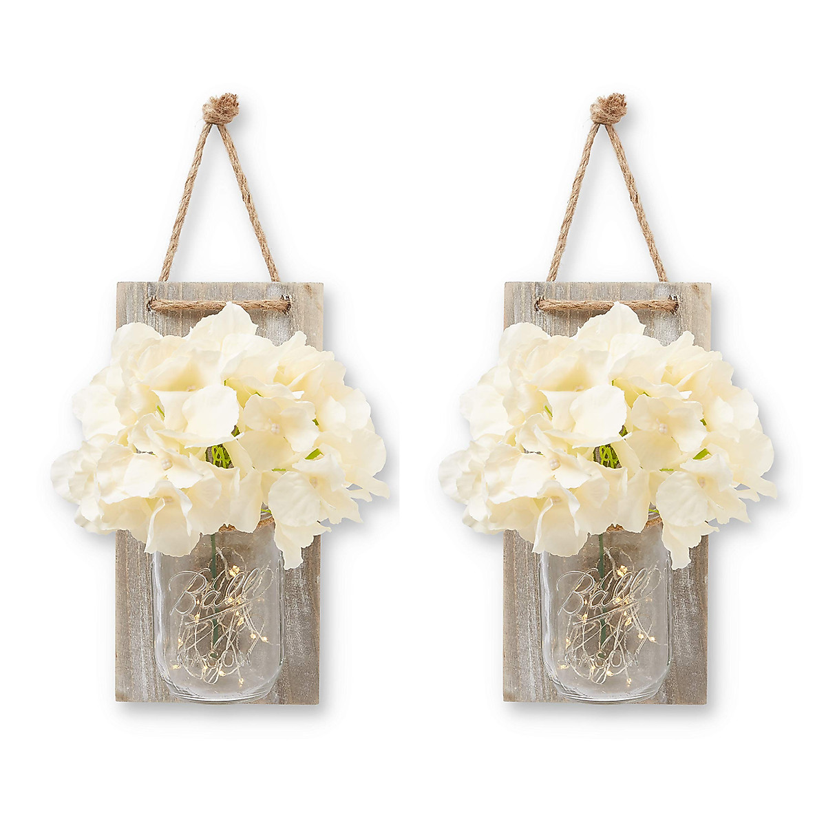 Hanging Mason Jar Wall Decor Sconce with LED Fairy Lights, Rustic Wood with Beautiful Pink and Cream Flowers Included for Home, Kitchen, Bathroom, Bedroom, Farmhouse & Girls Room Decorations