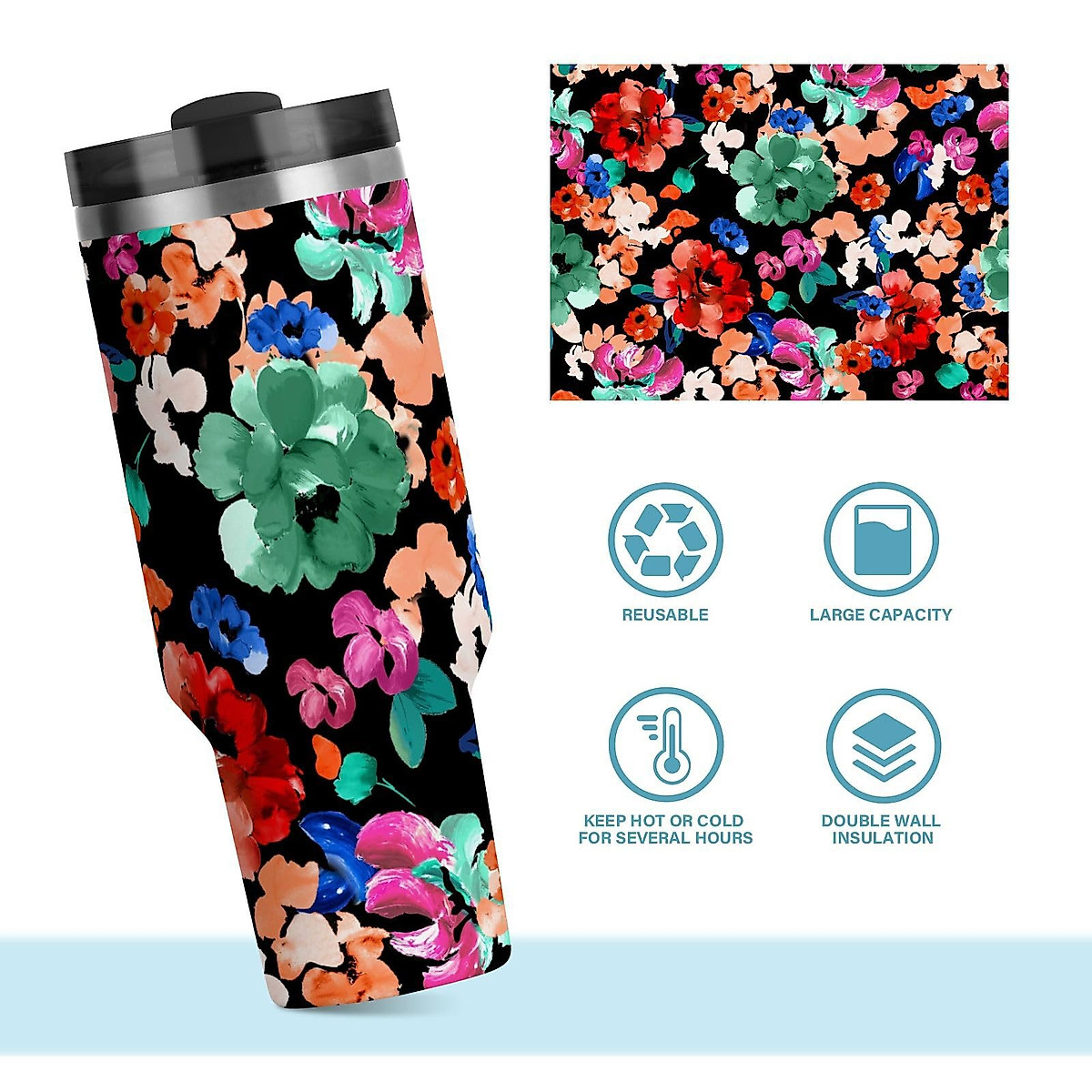 Yasala Car Tumbler with Handle Watercolor Rainbow Color Flower Travel Mug Coffee Cup Insulated Beverage Container Mega Cup for Hot Cold Drinking Thermos Water Bottle Cupholder Friendly 40 oz