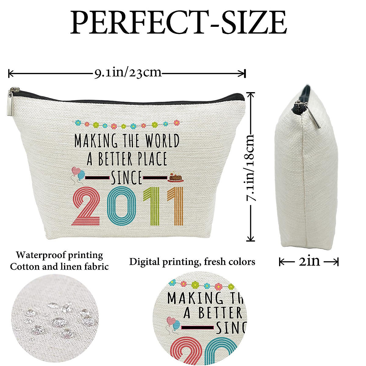 13rd Birthday Gifts for Girls, Funny 13 Year Old Gift Makeup Bag, 2011 13rd Birthday Cosmetic Bags for Her, Teens, Sister, Daughter, Niece, Granddaughter, Making The World a Better Place Since 2011