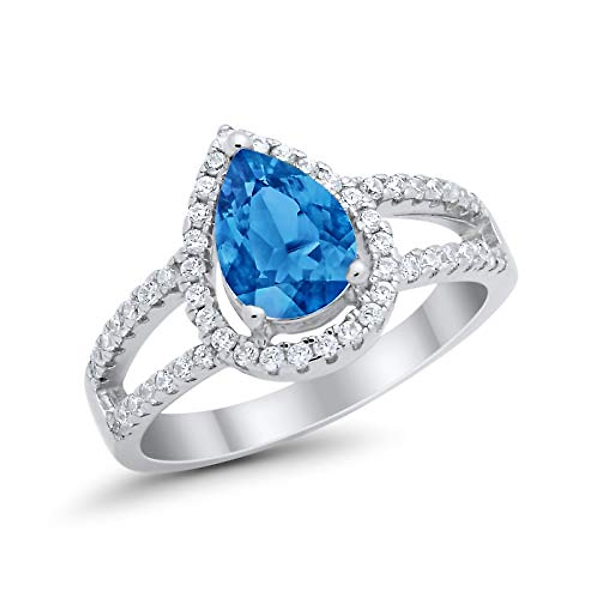 Halo Teardrop Pear Wedding Engagement Bridal Ring Simulated Blue Topaz Cubic Zirconia 925 Sterling SilverSize-5