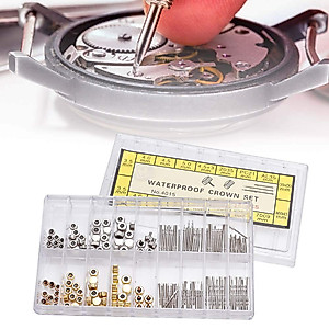 Watch Crown and Stem Set, Stainless Steel Watch Crown Spring Spare Parts Assorted Kit Watch Repair Tool Replacement Accessories with Storage Box, for Watchmaker Watch Repairing
