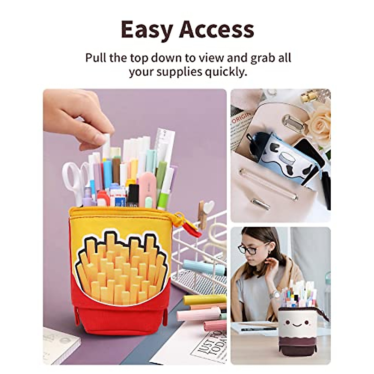Sooez Standing Pencil Case, Cute French Fries Pop Up Pencil Case, Durable Pen Pouch, Telescopic Pencil Holder, Kawaii Stand Up Pencil Case, Spacious Pencil Pouch Portable Pencil Bag for School Office