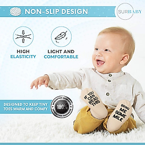 SurBaby Baby Socks Gift Set- Cute & Funny Unique Baby Shower Gifts & Registry Idea-Baby Gift Sets Unisex – 90% Cotton, Anti slip, Cutest Gift Box – Socks with Funny Sayings (4 unique pairs)