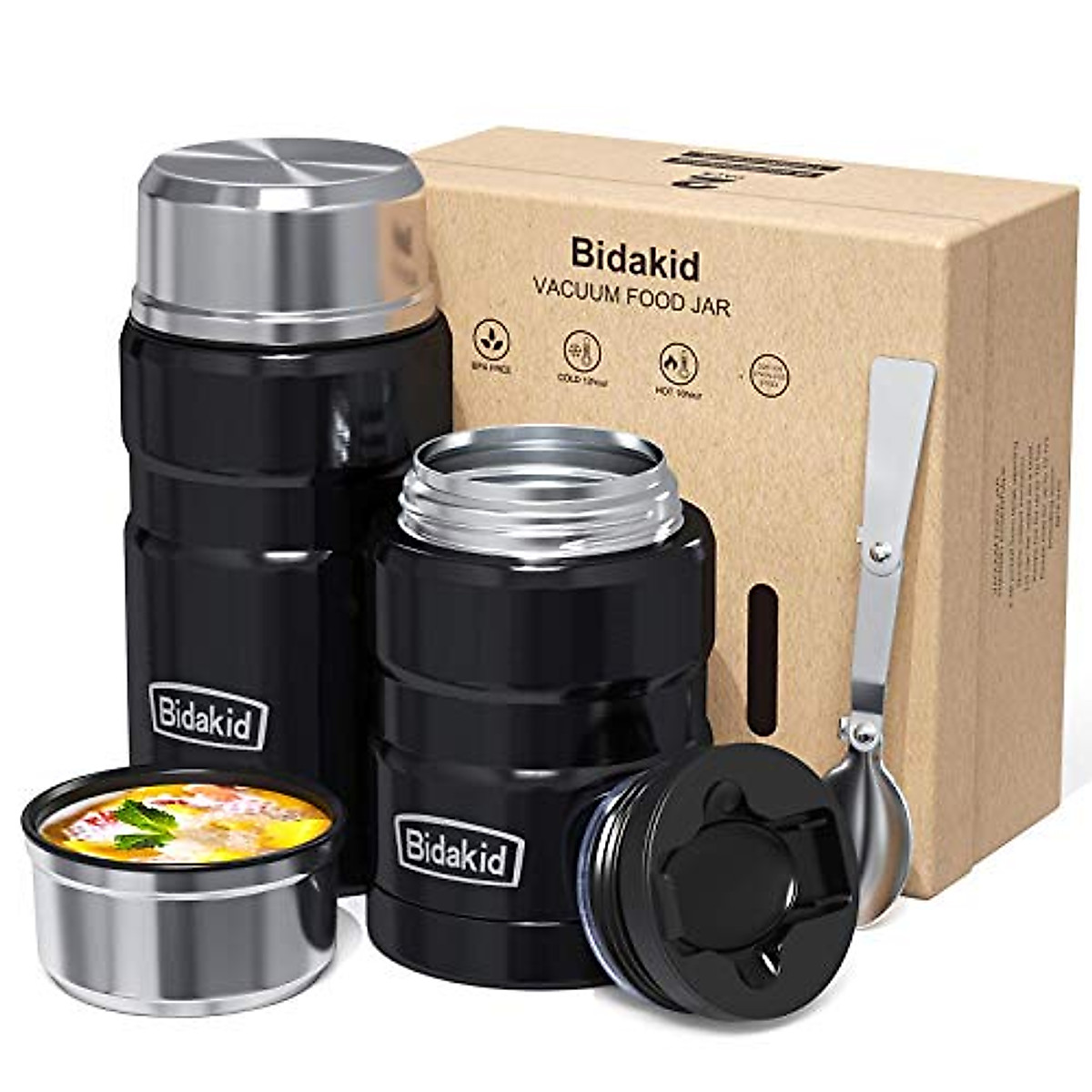 Thermoses for Hot Food, (Bidakid) 2 Pack insulated food jar for hot, soup thermoses, Lunch box containers for hot cold food with Lid and Folding Spoon for Kids and Adults (25.4oz+17oz)