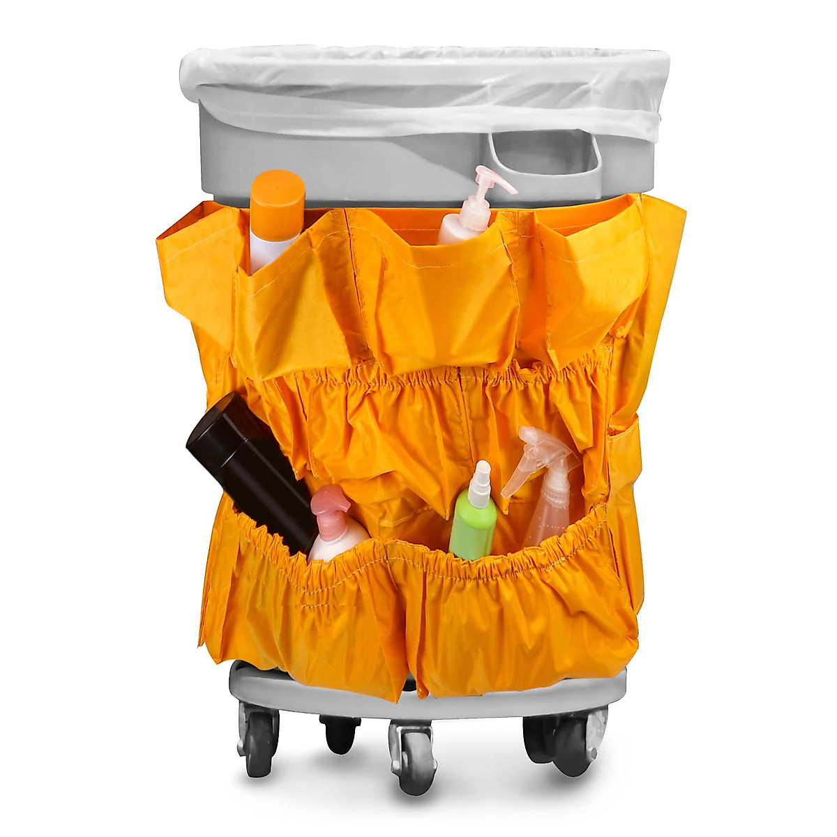 QWORK Trash Can Caddy Bag, 10 Pockets Commercial Cleaning Caddy Bag, Fit 32-50 Gallon Can, Round Trash Bag Holder, Garbage Bin Caddy Organizer, Yellow