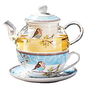 Jusalpha Glass Teapot with a Fine China Infuser Strainer, Cup and Saucer Set,Teapot and Teacup for One, Tea for one #05 (Blue)