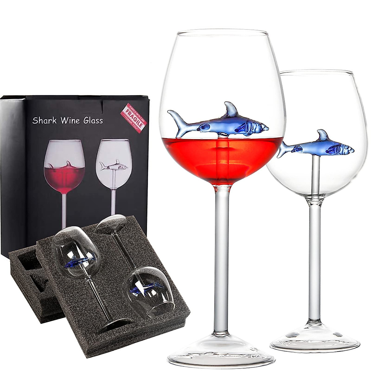 Shark Wine Glass with Shark Inside, Unique 3D Blue Colored Shark Wine Glasses (Set of 2), Personalized Shark in Red Wine Cups, Modern Shark Lover Gifts for Women Party Birthday Wedding (Goblet)