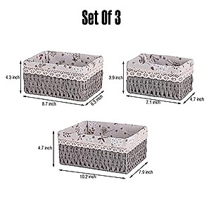 Storage Baskets for Shelves, Rectangular Organizing Woven Baskets Set with Removable Liners | Natural Seagrass, Decorative Home Storage Bin (Set of 3, Grey)