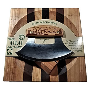 8" Block Ulu Bowl Set Birch Handle Bear & Mountains, 6.25" Inupiat Blade