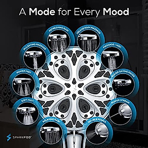 SparkPod 10-Mode Filtered Shower Head with Hose - 5" High Pressure Shower Heads with Filter - Handheld Shower Head Filter with Built-In Power Jet, Stainless 6ft Hose and Bracket (Polished Chrome)