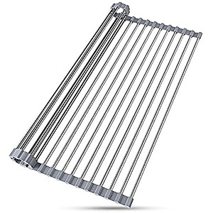 Bekhic Dish Drying Rack,Over The Sink Multipurpose Roll-Up Dish Drying Rack, Made of Heavy Duty Silicone Wrapped Steel Rods, Portable Dish Rack Dish Drainer Foldable