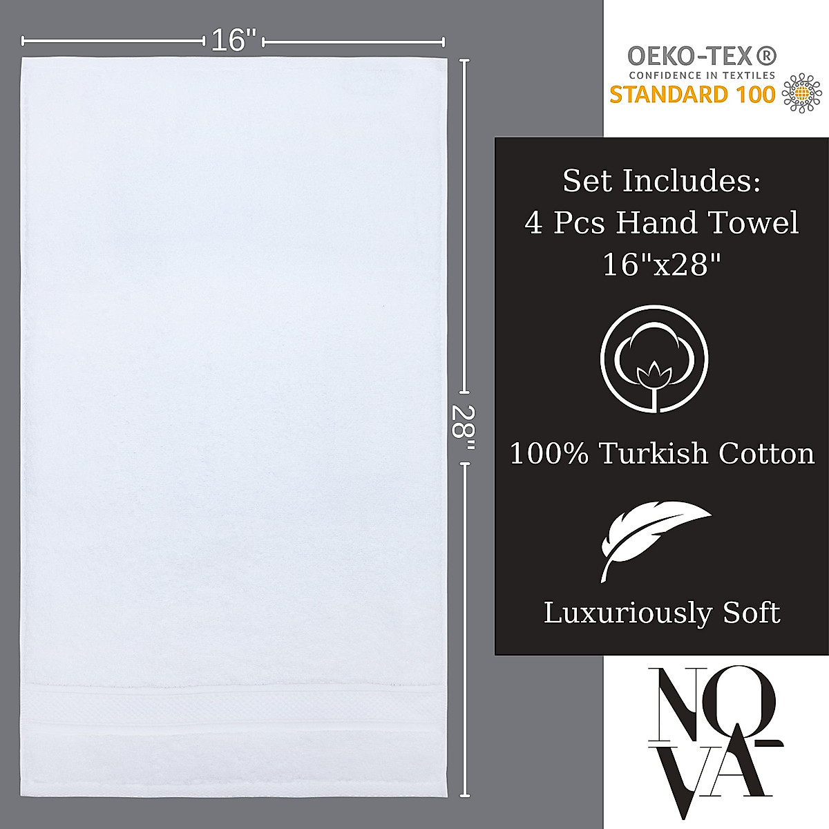 NOVA Luxury Linen - Hotel Quality Turkish Towel Set for Bathroom (4 Pcs Hand Towel Set, Pure White)
