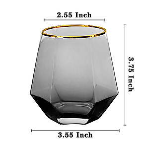 Diamond Whiskey Glasses, 4 PCS Rocks Glasses Gold Banded Cocktail Drinkware for Rum, Scotch or Wine Glasses, Tumblers Old Fashion Elegant Glass Unique Christmas New year Father's Day Gifts (Gray)