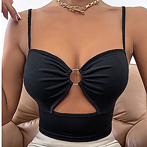 Women's Sexy Sleeveless V Neck Plunging Camisole Basic Solid Color Hollow Out Y4k Cropped Tank Top Slim Bustier Bras Black