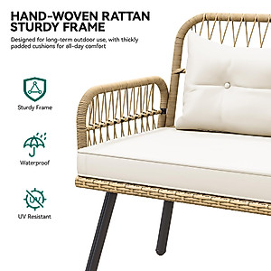 YITAHOME 6-Piece Patio Wicker L-Shaped Furniture Set, All-Weather Rattan Outdoor Conversation Sofa Set for Backyard Deck with Soft Cushions,Ottomans and Plastic Wood Dining Table (Light Brown+Beige)