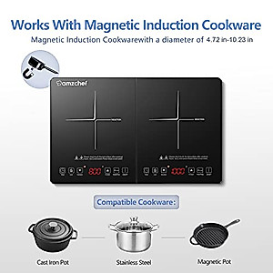 Double Induction Cooktop AMZCHEF Induction Cooker 2 Burners, Low Noise Electric Cooktops With 1800W Sensor Touch, 10 Temperature & Power Levels,Independent Control,3-hour Timer, Safety Lock
