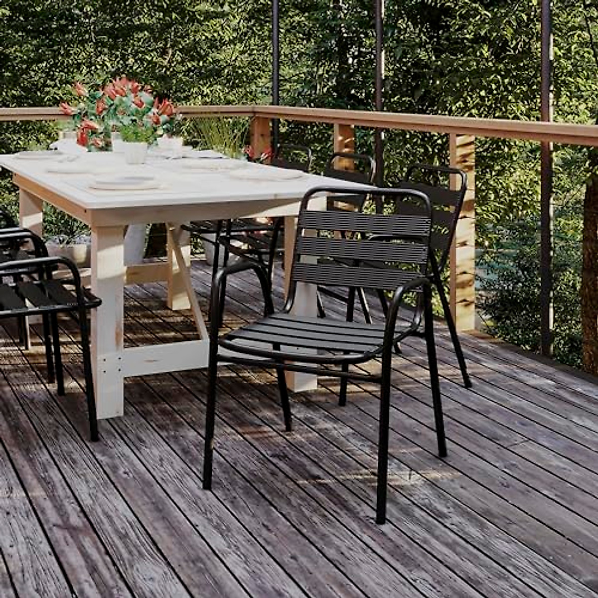 Flash Furniture Lila Commercial Restaurant Stack Chair with Triple Slat Back and Arms, Indoor-Outdoor Dining Chair, Black