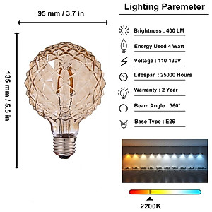 Vintage LED Edison Bulb G30 4W Dimmable LED Filament Bulb Globe Pineapple Shaped Light Bulb 2300K Warm White E26 400LM Equivalent 40W Incandescent (Amber)