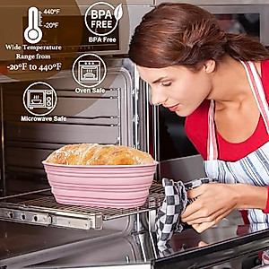 MaMix Banneton Bread Proofing Basket Set of 2, Silicone Sourdough Bread Baking Supplies, 9 inch Round & 10 Oval Sourdough Starter Kit Includes Essential Tools, Easy to Clean and Use (pink)