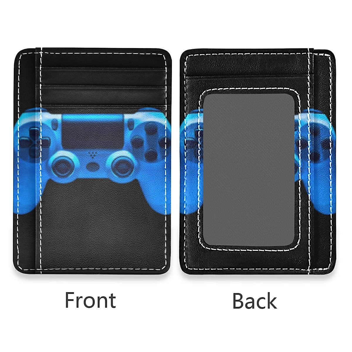 Video Game Joystick Gamepad in Blue Neon Lights Isolated on Black Slim Minimalist Wallet, Front Pocket RFID Leather Blocking Card Holder Case for Men Women Girls Ladies, Stylish Printing Gift