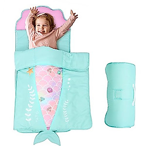 JISEN Toddler Nap Mat Kids Sleeping Bag with Removable Pillow and Blanket Nap Mat for Toddlers for Daycare Preschool Kindergarten Camping Travel Mermaid