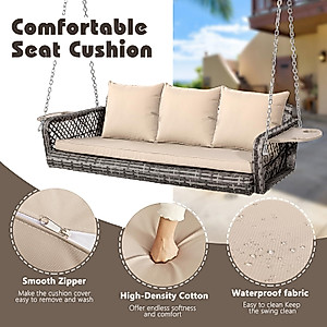 TOBYUL 3-Seats Outdoor Wicker Hanging Porch Swing Chair, Patio Swing Lounge with 2 Cup Holders,3 Back Cushions,1 Seat Cushion for Backyard Garden Park Deck