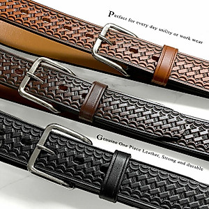 Utility Uniform Work Belt w/Simple Single Prong Buckle One Piece Full Grain Leather Basketweave Embossed Belt 1-1/2"(38mm) Wide (Black, 36)