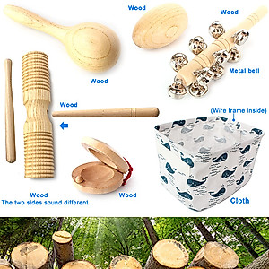 Tuoveek Wooden Musical Instruments Set,Percussion Instrument Kit for Kids Baby,Rhythm Device for Preschool Education,Family Band Include Maracas,Tambourine,Castanet,Steel Triangle,Cloth Basket