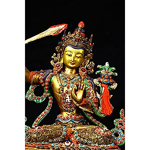 9" Tibetan Temple Collection Old Bronze Outline in Gold Painted Mosaic gem Dzi Beads Manjushri Worship Buddha Town House
