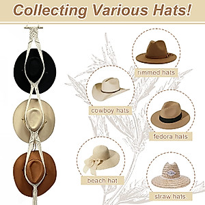 Gute Macrame Hat Hangers, Boho Hats Rack for for Wall Hanging, Black White Woven Women Hat Holder Organizer for Wide Brim and Fedoras Sun Hat Cowboy Hat Display(White,3 Hat Style)