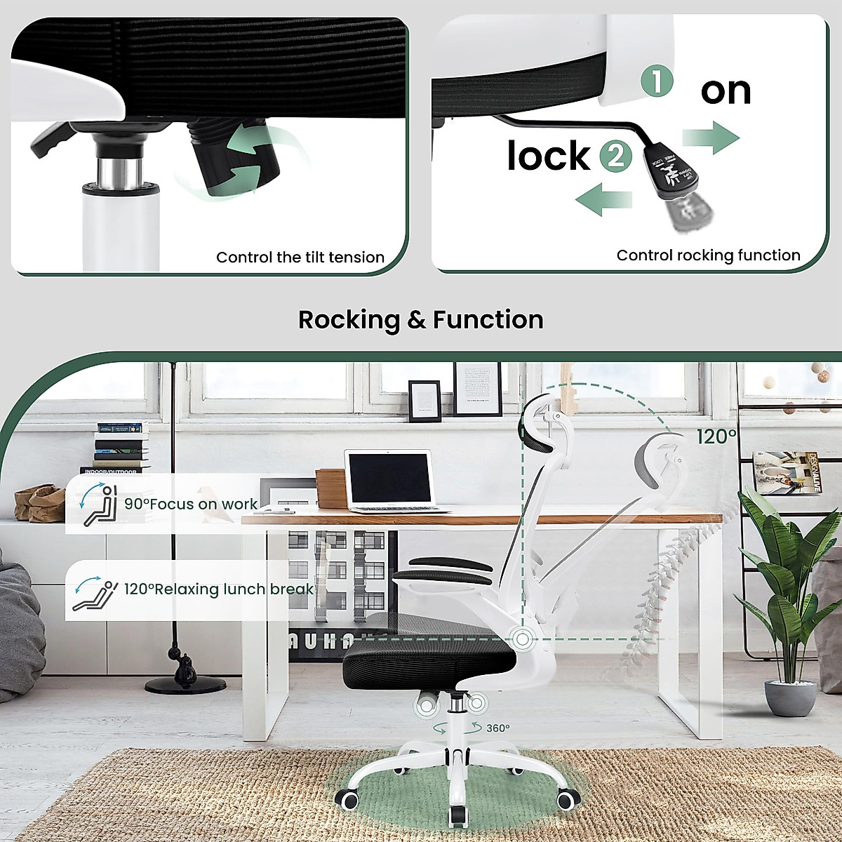 KERDOM Ergonomic Office Chair, Breathable Mesh Desk Chair, Lumbar Support Computer Chair with Headrest and Flip-up Arms, Swivel Task Chair, Adjustable Height Gaming Chair, White