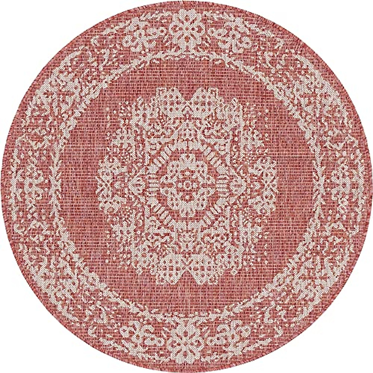 Rugs.com Outdoor Traditional Collection Rug – 4 Ft Round Rust Red Flatweave Rug Perfect for Kitchens, Dining Rooms