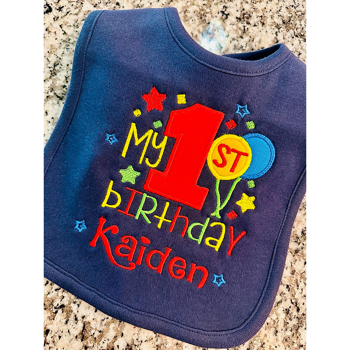 Fantasy Kids Designs First Birthday Boy Bib Personalized with Baby Name (Navy Blue Bib/Red)