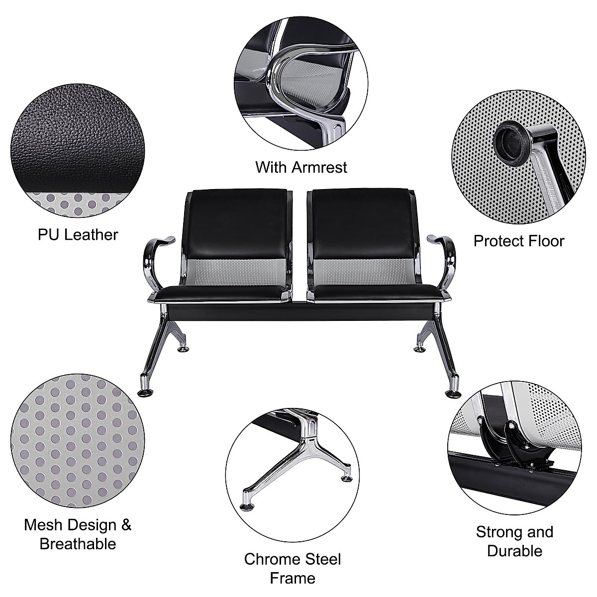 Kinfant 5-Seat Waiting Room Chairs Sofa Furniture - Office Guest Reception Chair with Armrest for Waiting Room Airport Hospital Bank (Black - PU+Mesh)