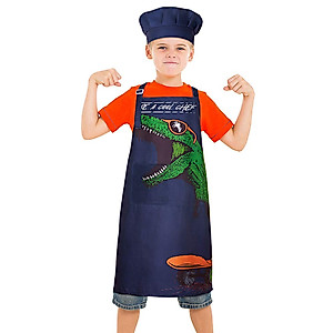 MHJY Kids Apron and Chef Hat for Boys Dinosaur Child Aprons with Pockets,Adjustable Child Apron for Cooking Baking Painting,Dark Blue,Small (3-7 Years)