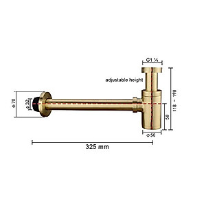 Orhemus Brass Round Bottle P Trap, Basin Sink Waste Trap Drain Tube Kit Adjustable Height, Brushed Gold Finished