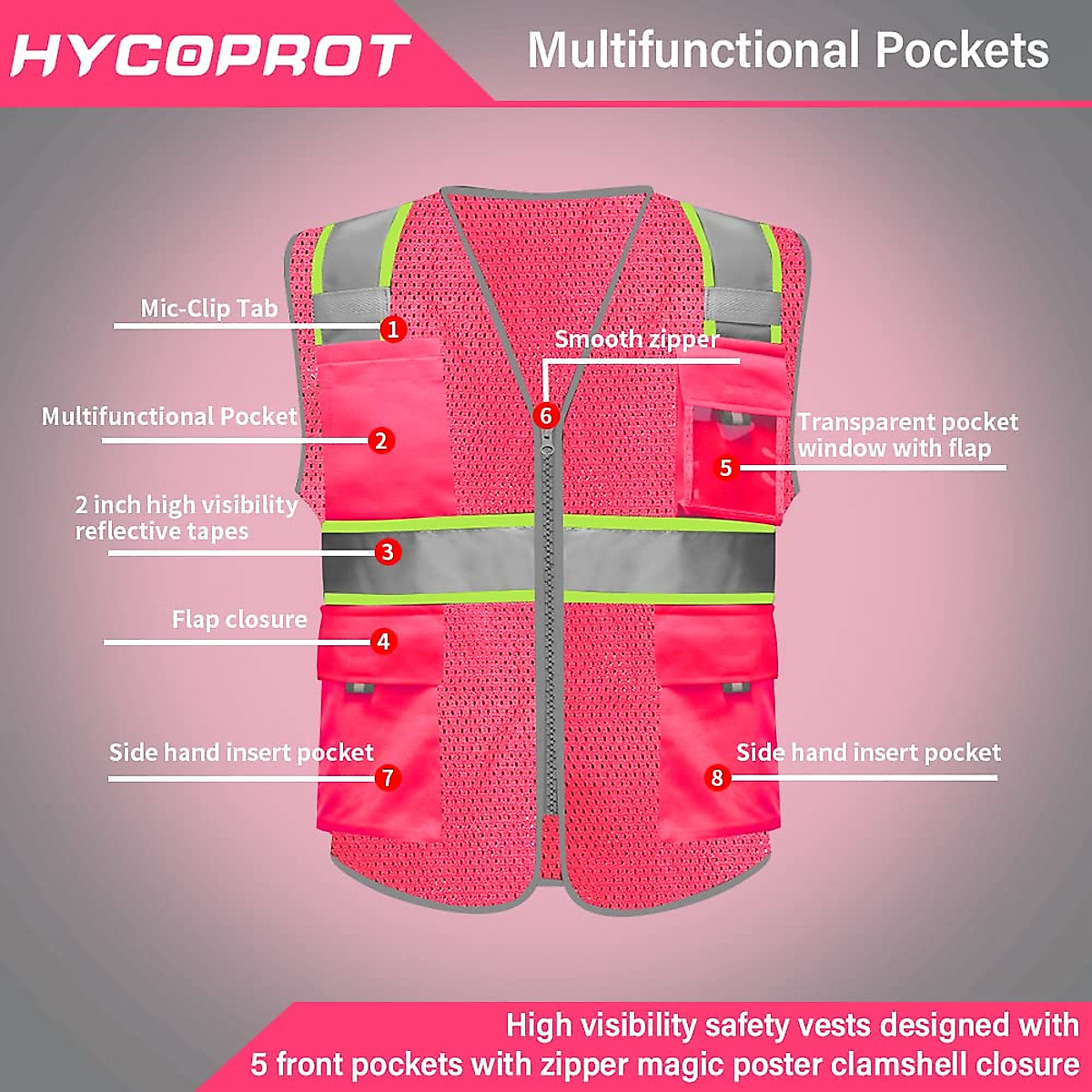 HYCOPROT High Visibility Mesh Reflective Safety Vests with Pockets and Zipper, Meets ANSI/ISEA Standards (Pink, Small)
