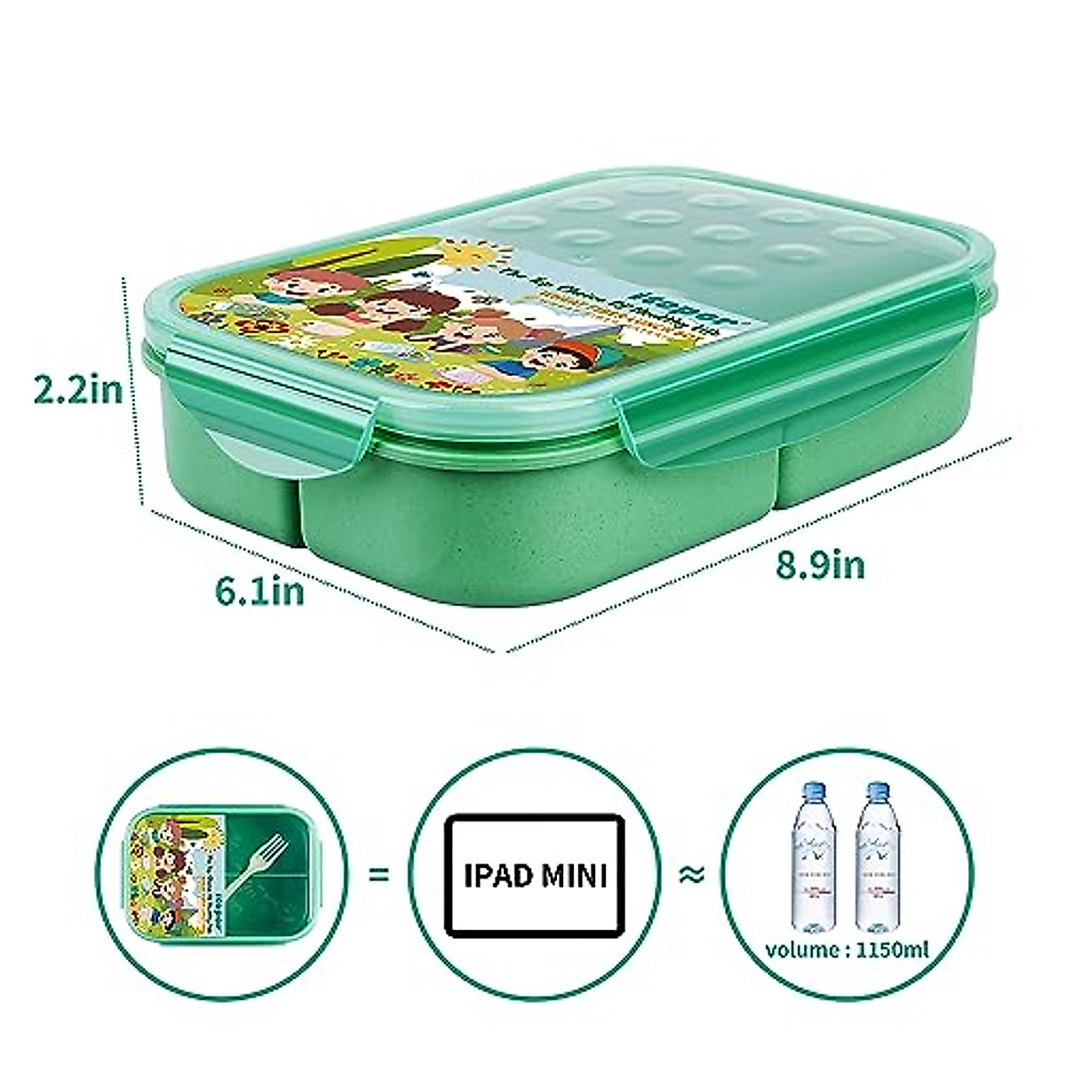 Itopor® Lunch Box,Ideal Leak-Proof Bento Box for Kids & Adults,Natural Wheat Fiber Material,Mom's Top Choice,Kids Lunch Box No BPA & Dyes,Portable & Durable Lunch Container for Family(Green)