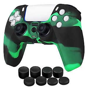 TNP Controller Case for PS5 Silicone Controller Skin for Dualsense Cover + 8 Pro Thumb Grips Set Sony Playstation 5 Skins Accessories Dark Green with Ergonomic Textured Grip
