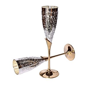 SIMCS HANDICRAFTS Royal Handmade Engraved Silver Plated Brass Champagne Flutes Set of 2 Wine Goblets for Valentine Wedding Christmas Housewarming Gifts with Presentation Velvet Bags
