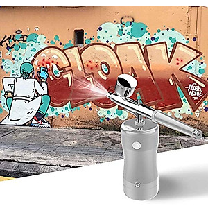 COSSCCI Handheld Airbrush Kit, Mini Air Compressor Spray Gun Set Single Action USB Rechargeable Airbrush for Makeup Art Nail Painting Tattoo Manicure Cakes (Silver)