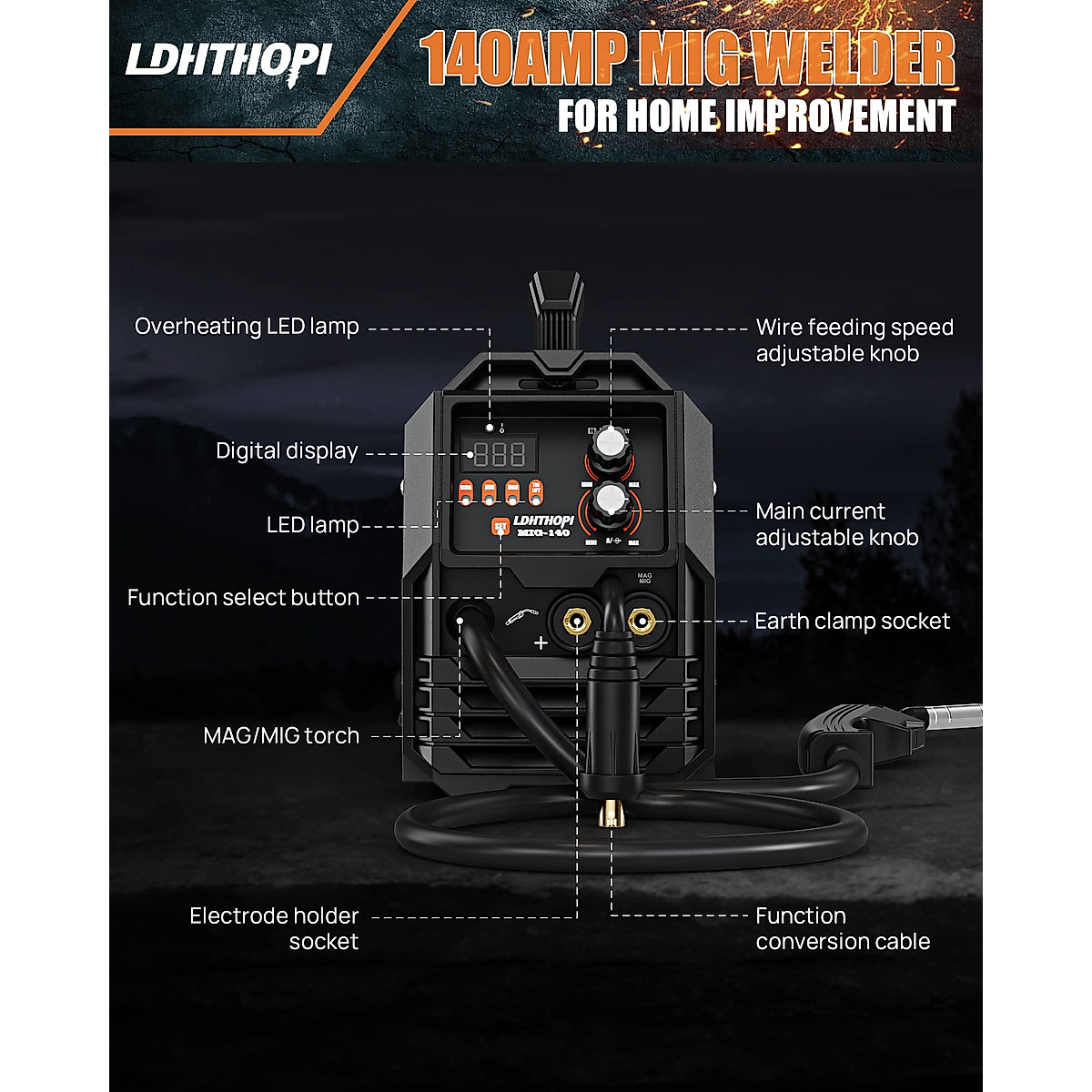 LDHTHOPI 140A MIG Welder, 4-in-1 Flux Core/Solid Wire/Lift TIG/Stick Welder, 110V Gas/Gasless Welder Machine for Home, Car, Yard, Workshop, Farm