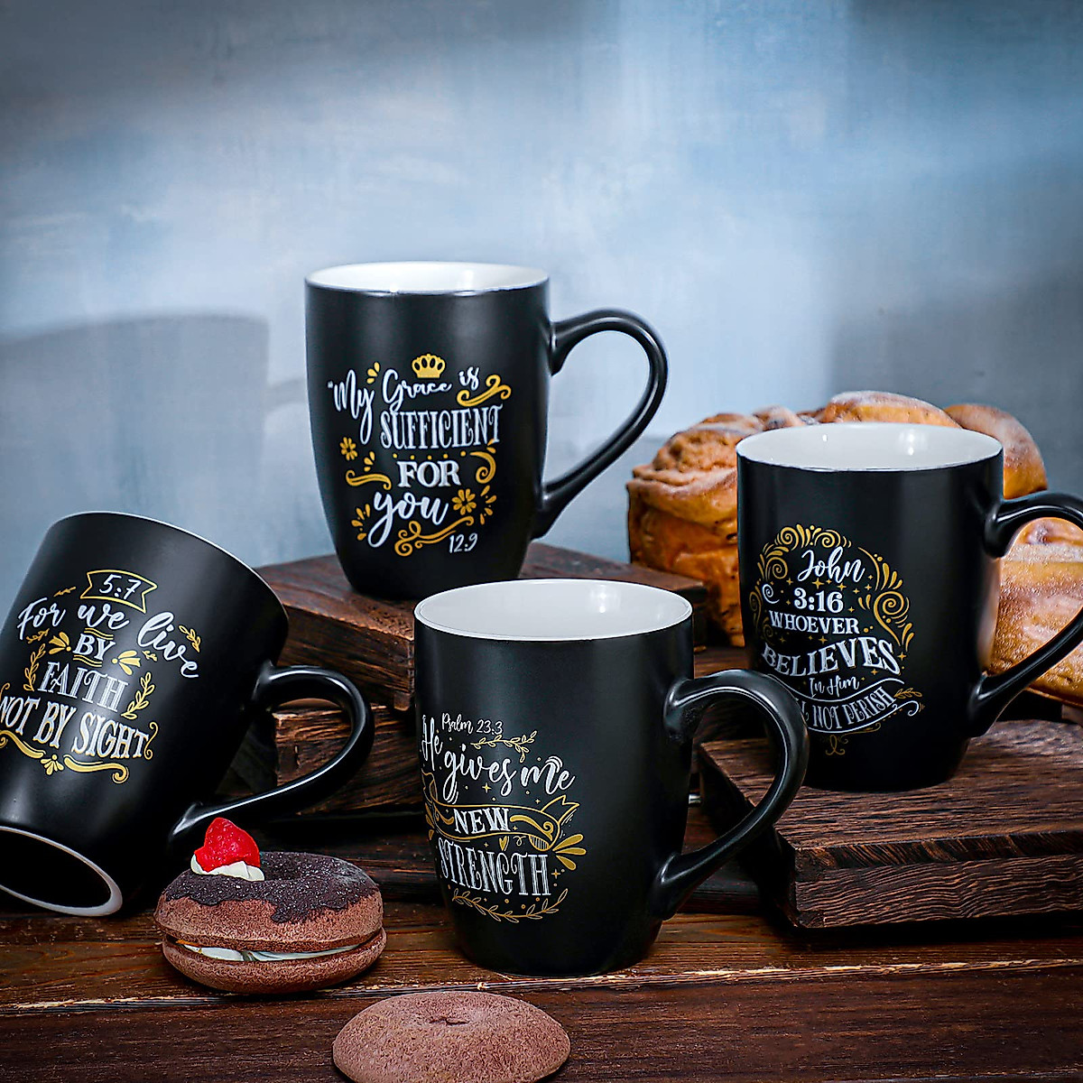 Jinei 4 Pieces Christian Coffee Mugs Religious Inspirational Coffee Mugs Set Stoneware Mugs for Men Women Black Bible Verse Mug Motivational Christmas Christian Encouragement Gifts, 12 oz