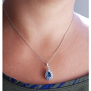 MYSTIC JEWELS By Dalia - 925 Sterling Silver Glass Evil Eye Drop Shape Filigree Pendant with Silver Chain