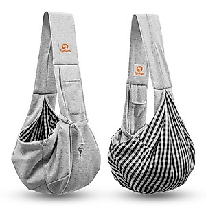 Tomkas Dog Carrier Sling for Small Dogs and Cats, Unadjustable Strap, Classic Pocket, Snap Closure (Grey, M - Unadjustable Strap)