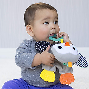 Infantino Cuddly Teether, Penguin Character, 3 Textured Teething Places to Soothe Sore Gums, BPA-Free Silicone, Soft Fabric Textures to Explore, Crinkle Sounds to Discover, for Babies 0M+